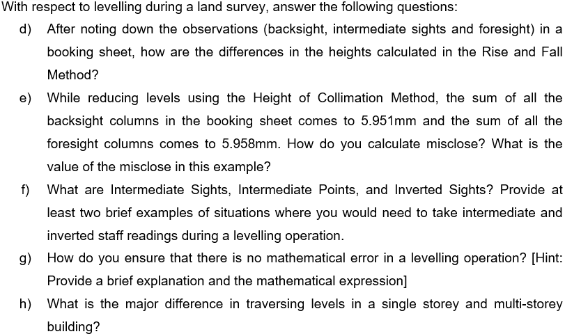 Solved With respect to levelling during a land survey, | Chegg.com