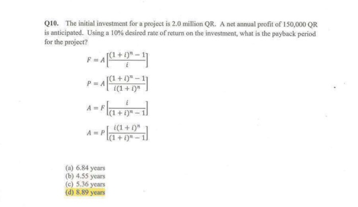 Solved Q10. The initial investment for a project is 2.0 | Chegg.com