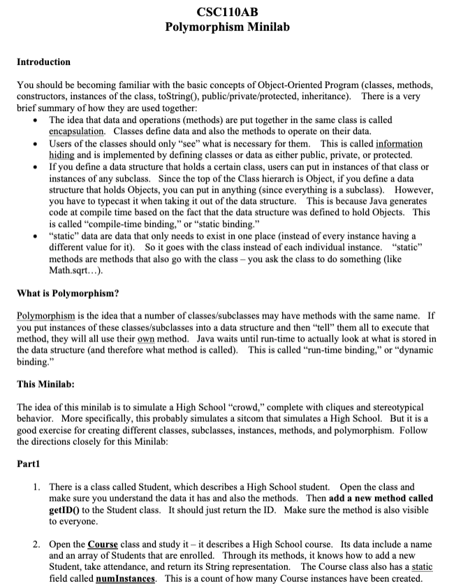 Solved CSC110AB Polymorphism Minilab Introduction You should | Chegg.com
