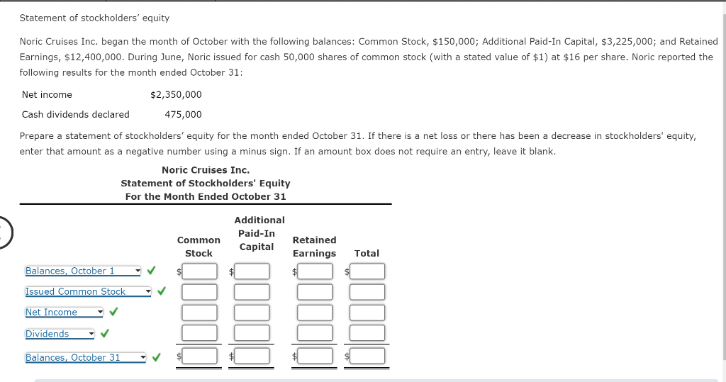 Solved Statement of stockholders' equity Noric Cruises Inc. | Chegg.com Solved Statement of stockholders' equity Noric Cruises Inc. | Chegg.com