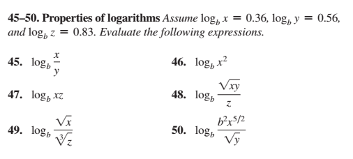 Solved 45-50. Properties of logarithms Assume log, x = 0.36, | Chegg.com