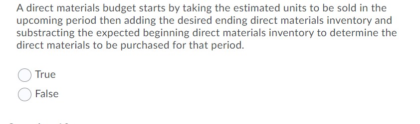 Solved A direct materials budget starts by taking the | Chegg.com