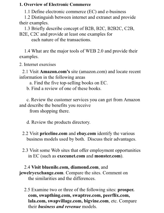 Solved 1. Overview of Electronic Commerce 1.1 Define | Chegg.com