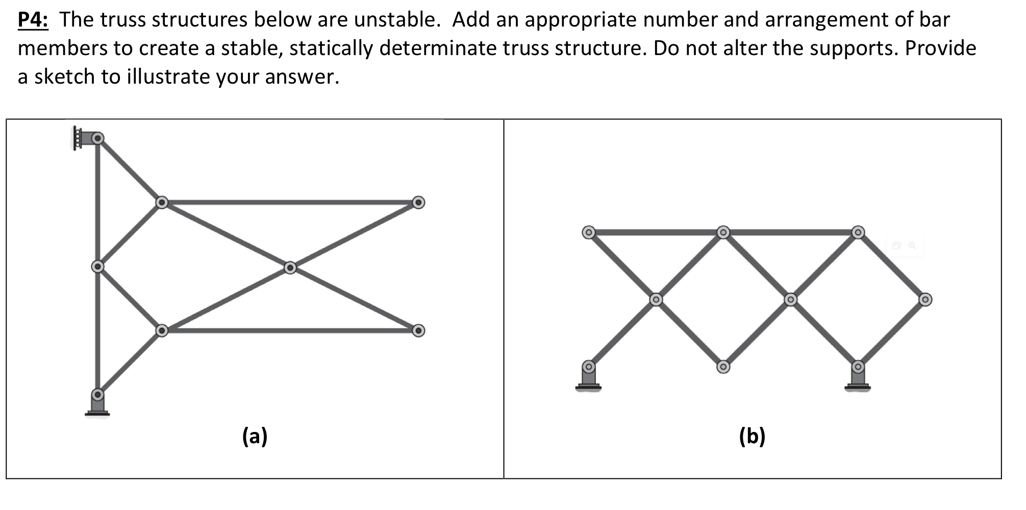 Solved P4: The truss structures below are unstable. Add an | Chegg.com