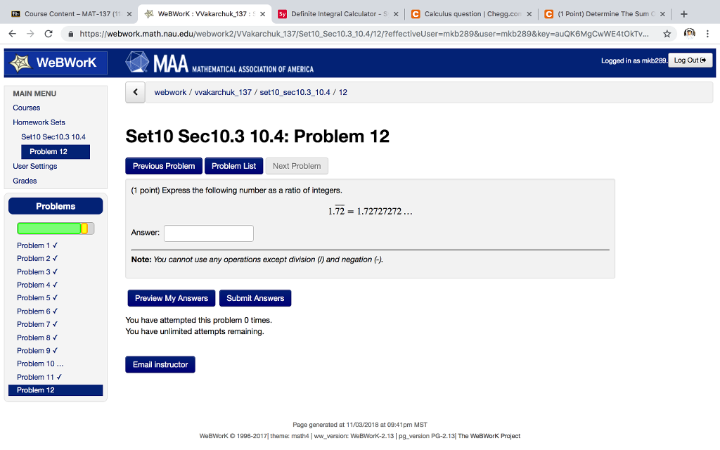 Solved 画 Course Content-MAT 137 (11 似WeBWorK VVakarchuk 137 | Chegg.com