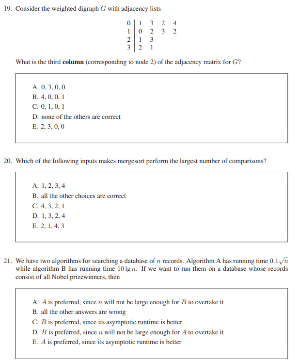 Solved 19. Consider the weighted digraph G with adjacency | Chegg.com