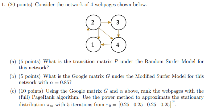 Solved 1. (20 points) Consider the network of 4 webpages | Chegg.com