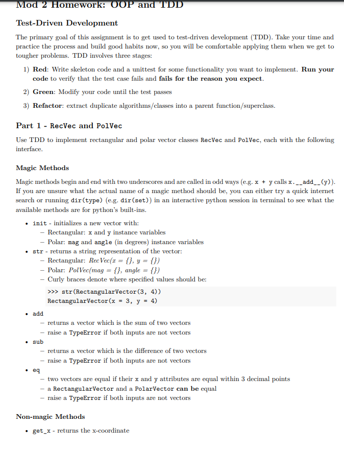 Solved Mod 2 Homework: OOP and TDD Test-Driven Development | Chegg.com