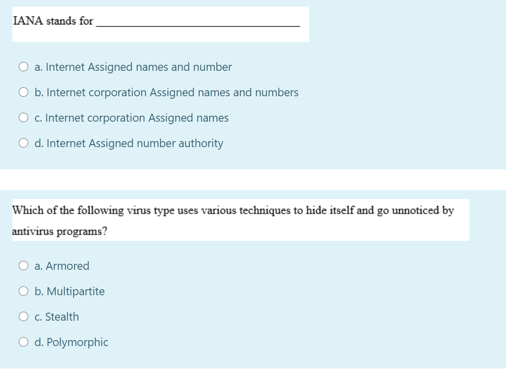 Solved IANA stands for O a. Internet Assigned names and | Chegg.com