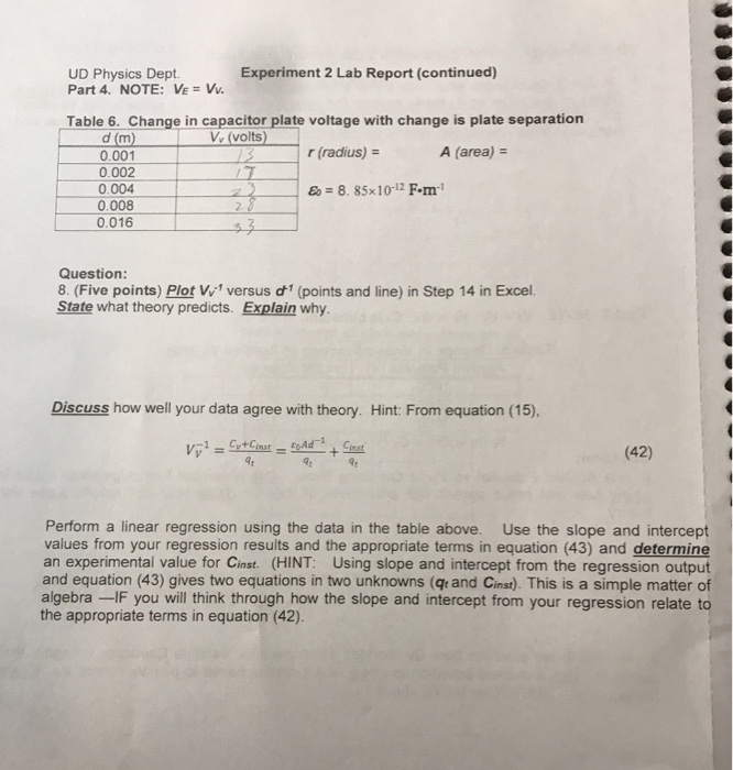 Solved UD Physics Dept Part 4. NOTE: VE V Experiment 2 Lab | Chegg.com