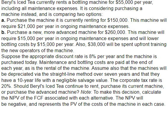 Beryl's Iced Tea currently rents a bottling machine | Chegg.com