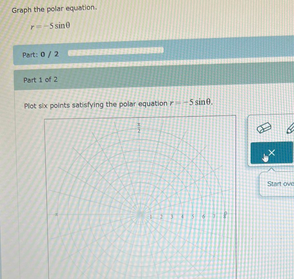 Solved Graph the polar equation. r=−5sinθ Part: 0 / 2 Part 1 | Chegg.com