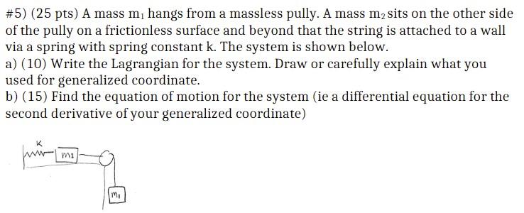 Solved #5) (25 pts) A mass m hangs from a massless pully. A | Chegg.com