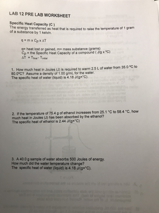 Solved LAB 12 PRE LAB WORKSHEET Specific Heat Capacity (C) | Chegg.com