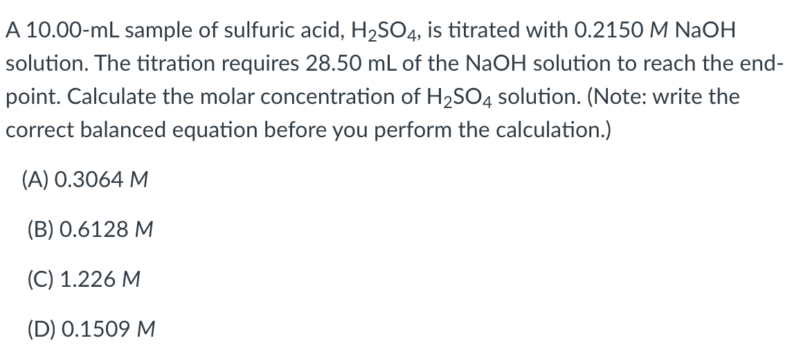 Solved , A 10.00-ml sample of sulfuric acid, H2SO4, is | Chegg.com
