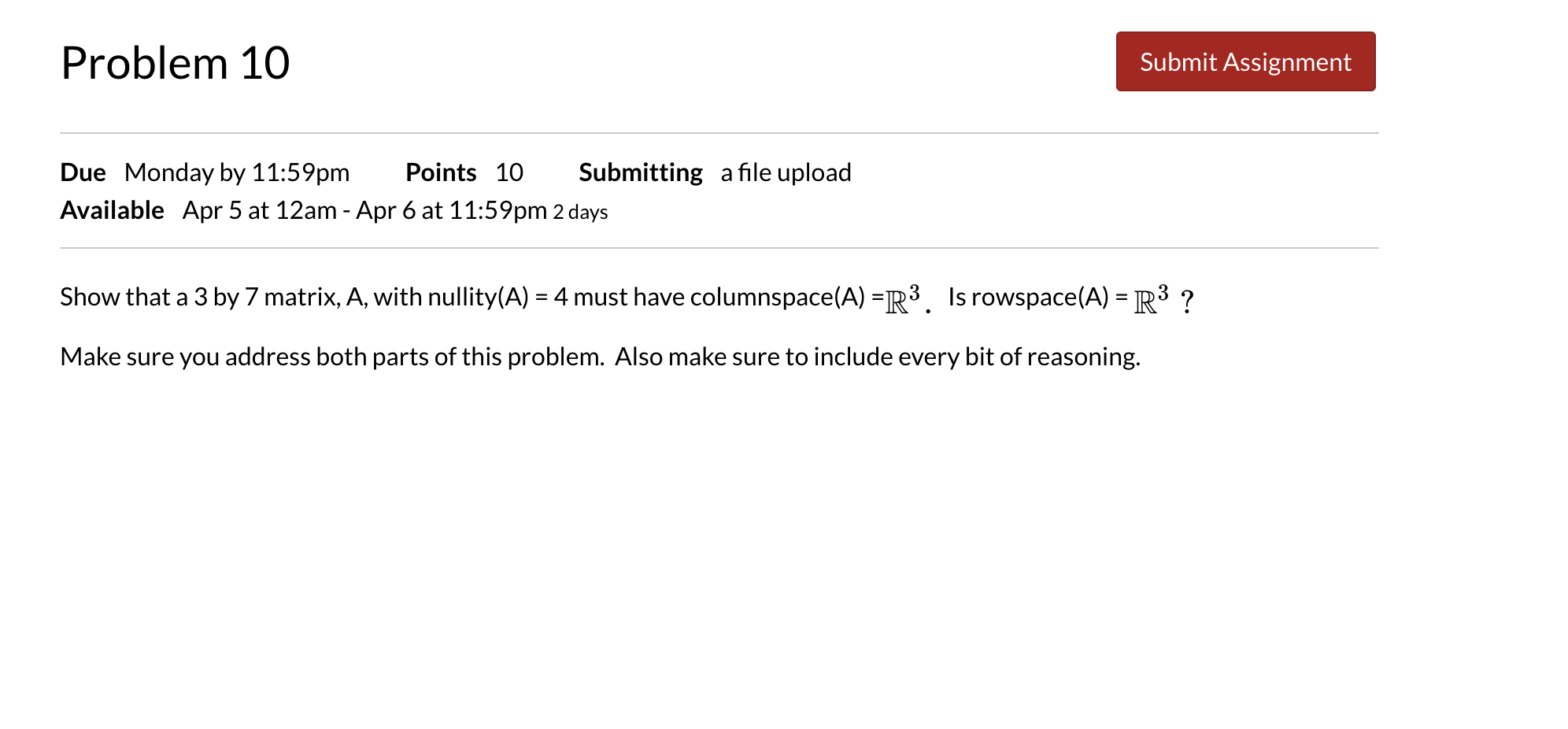 Solved Problem 10 Submit Assignment Due Monday by 11:59pm | Chegg.com