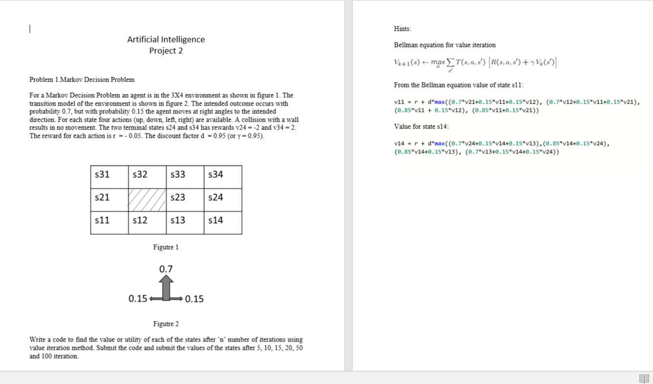 Artificial Intelligence Project 2 Problem 1.Markov | Chegg.com