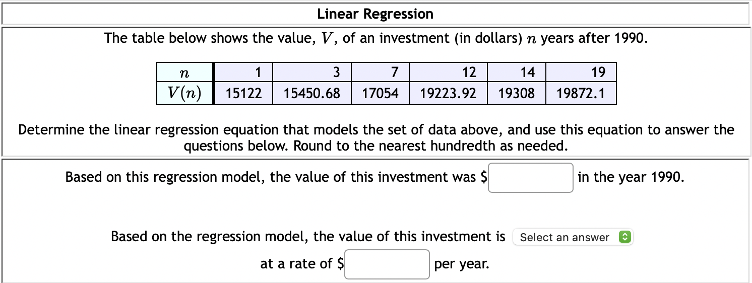 Solved Linear Regression The table below shows the value, V, | Chegg.com