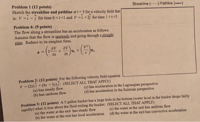 Solved Problem 1 (12 points) Sketch the streakline and | Chegg.com