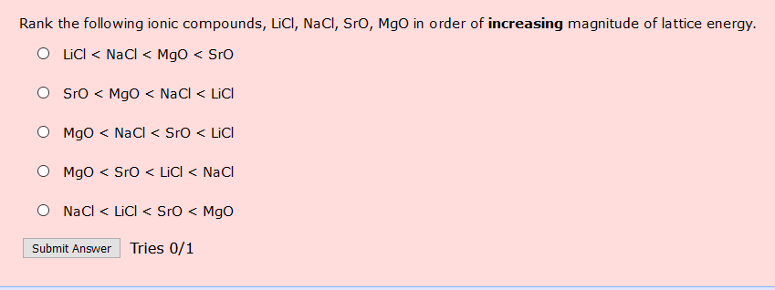 Solved Rank the following ionic compounds, LiCl, NaCl, Sro, | Chegg.com
