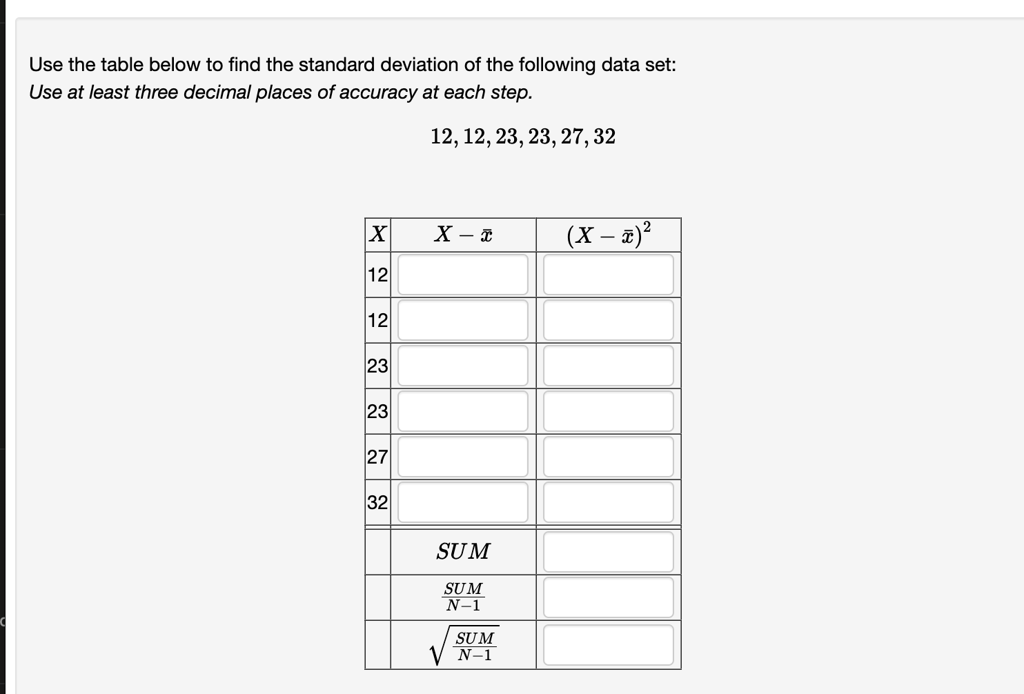 Solved whUse the table below to find the standard deviation | Chegg.com