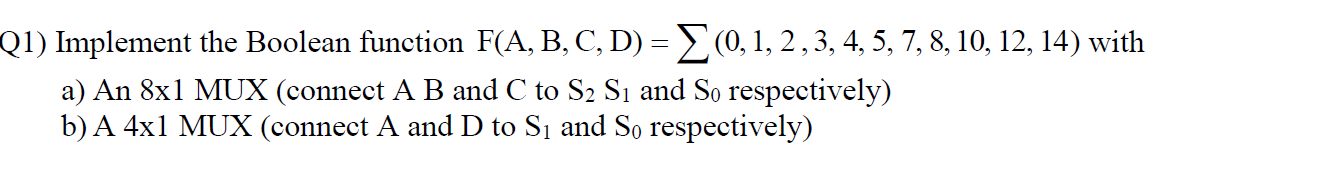 Solved Q1) Implement the Boolean function F(A, B, C, D) = | Chegg.com