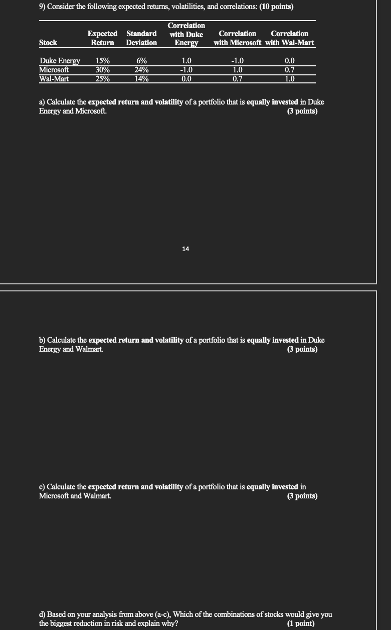 Solved 9) Consider the following expected returns, | Chegg.com