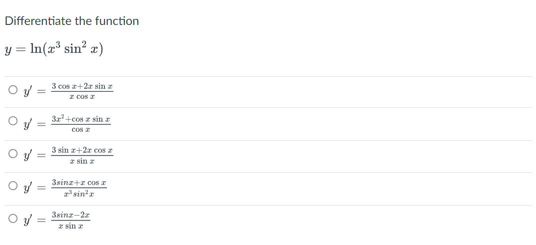 Solved Differentiate the function y=ln(x3sin2x) | Chegg.com