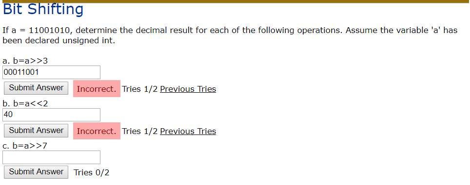 Solved Bit Shifting If a 11001010, determine the decimal | Chegg.com