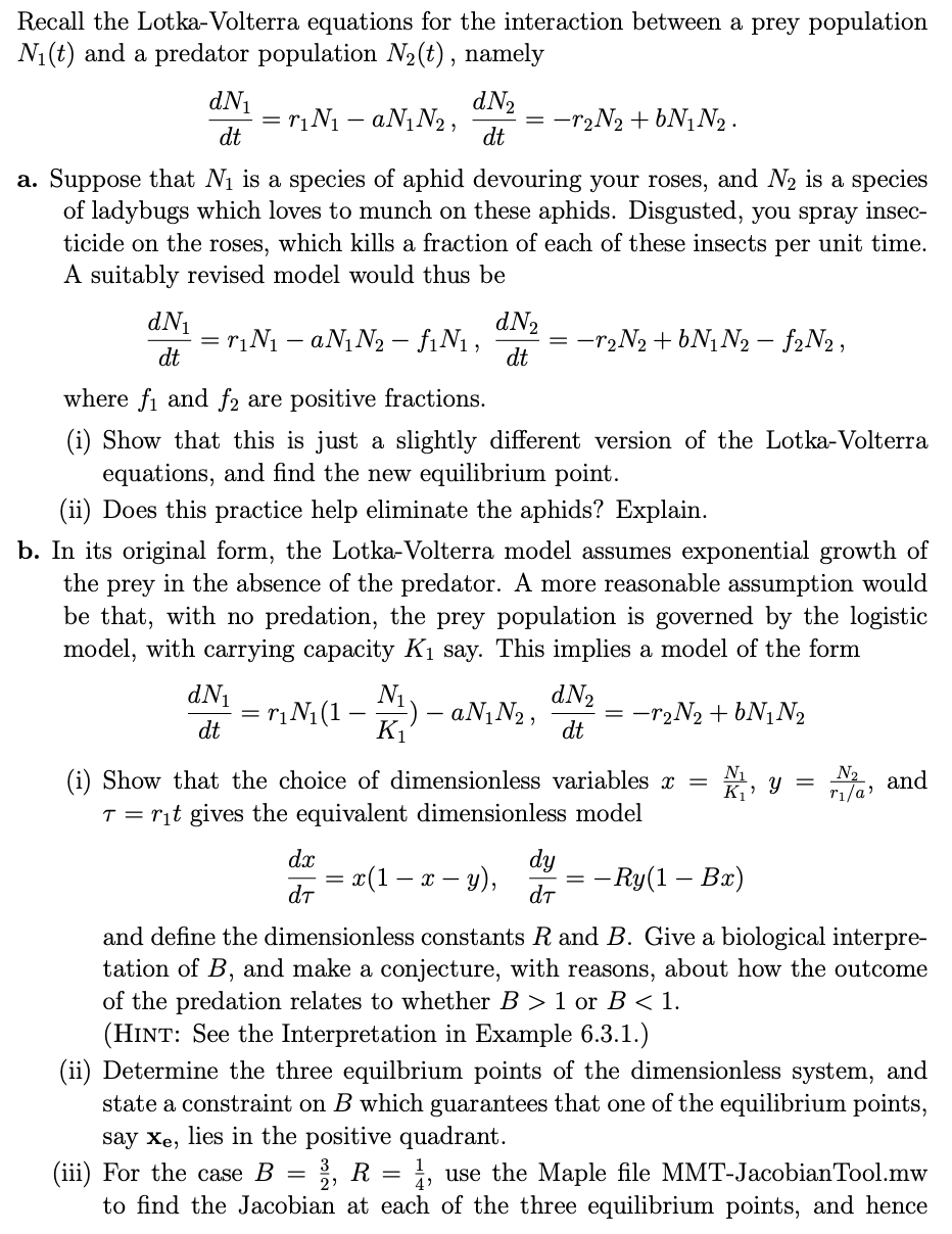 Solved Recall The Lotka Volterra Equations For The