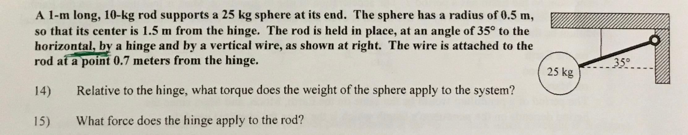 Solved A l-m long, 10-kg rod supports a 25 kg sphere at its | Chegg.com