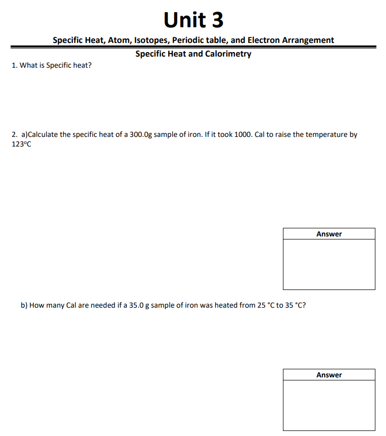 Solved Unit 3 Specific Heat, Atom, Isotopes, Periodic table, | Chegg.com