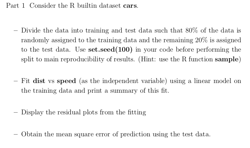 Solved Part 1 Consider The R Builtin Dataset Cars Divide