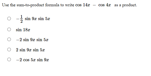 Solved Use the sum-to-product formula to write cos 143 – cos | Chegg.com