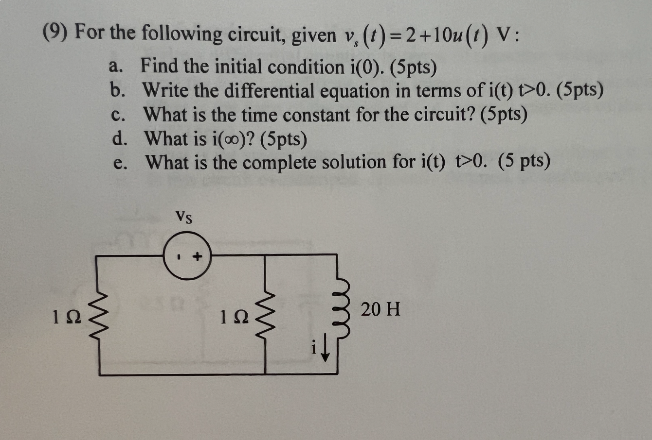 Solved (9) For the following circuit, given vs(t)=2+10u(t)V | Chegg.com