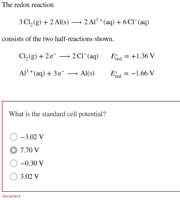 Solved The redox reaction 3Cl2( g)+2Al(s) 2Al3+(aq)+6Cl−(aq) | Chegg.com