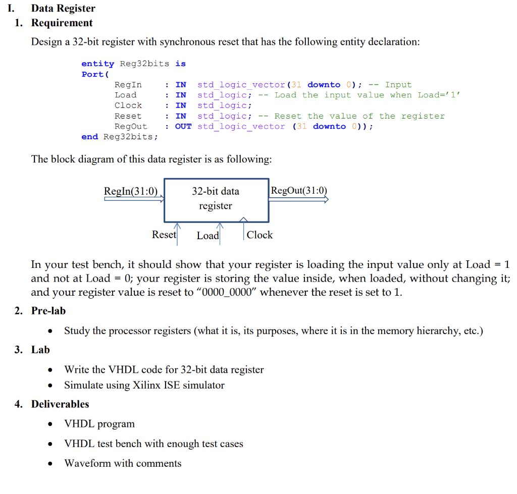 Solved I. Data Register 1. Requirement Design a 32-bit | Chegg.com