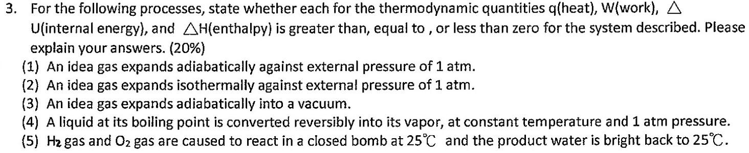 Solved 3. For the following processes, state whether each | Chegg.com
