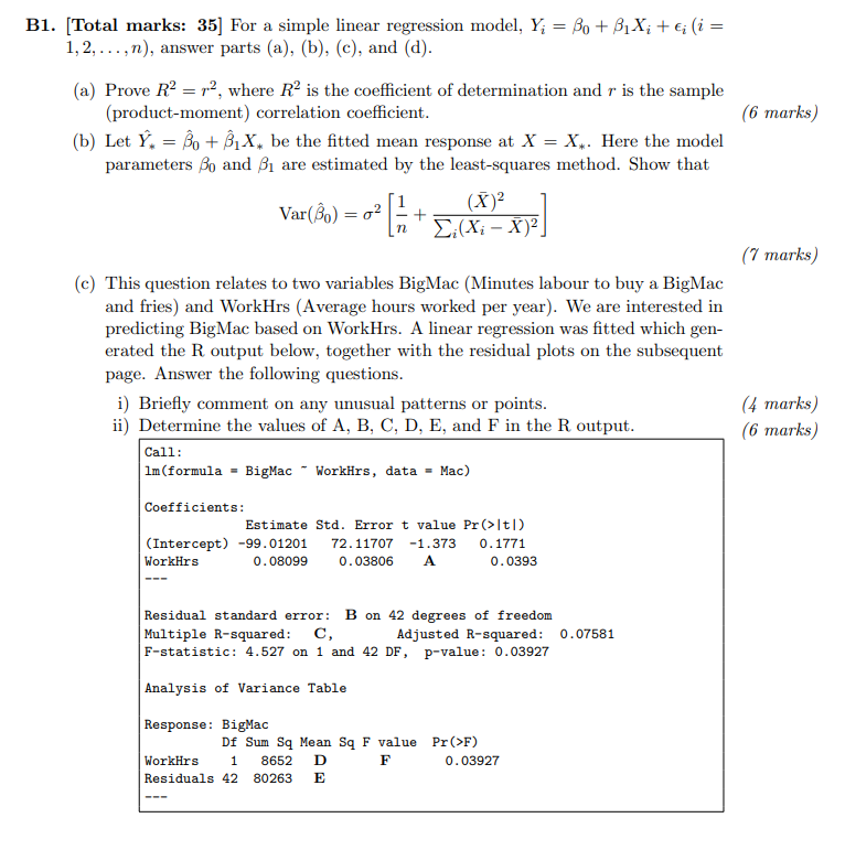 Solved 1. [Total marks: 35] For a simple linear regression | Chegg.com