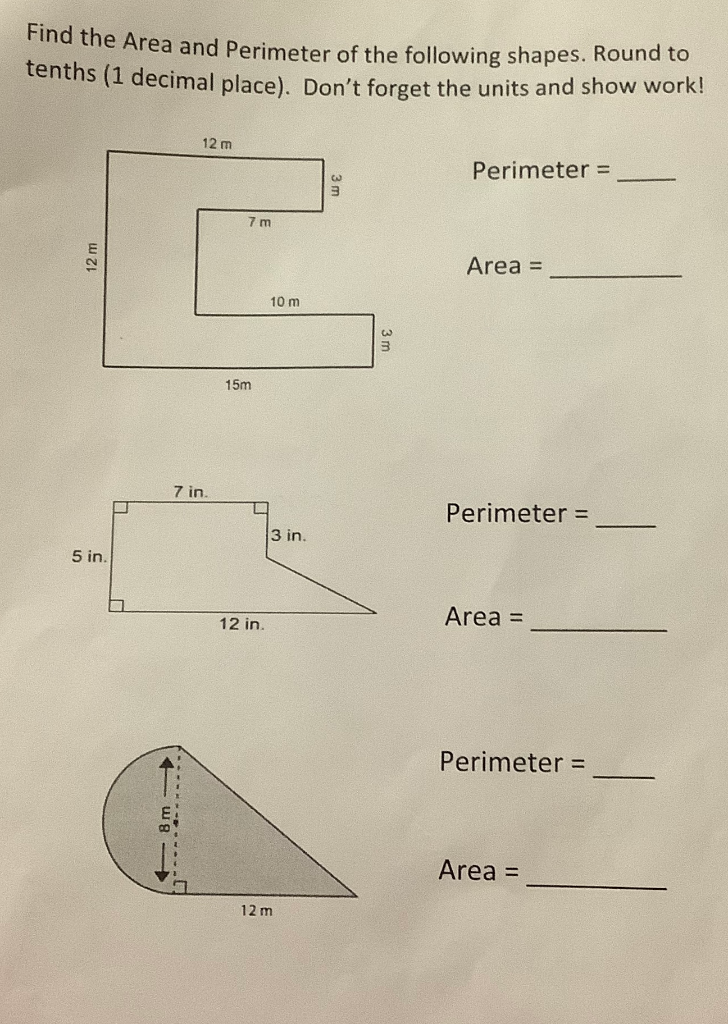 Solved Find the Area and Perimeter of the tenths (1 decimal | Chegg.com