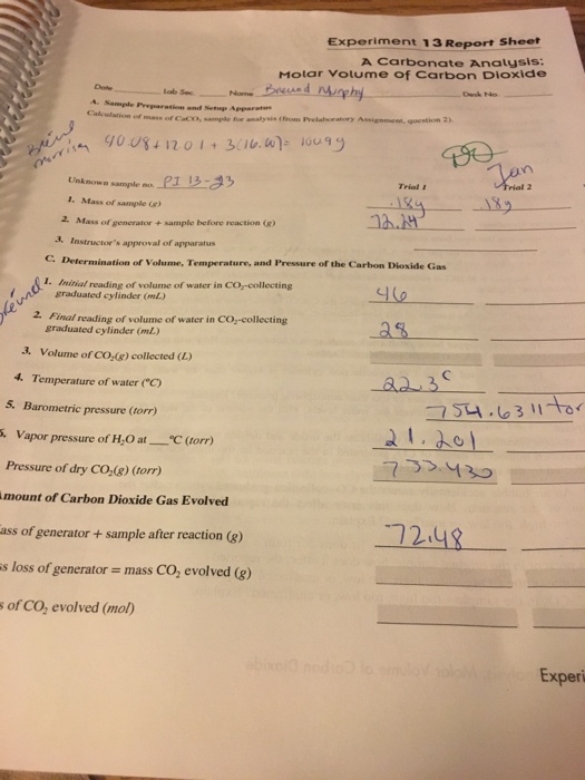 Solved EXPERIMENT 13: Carbonate Analysis; Molar Volume of | Chegg.com