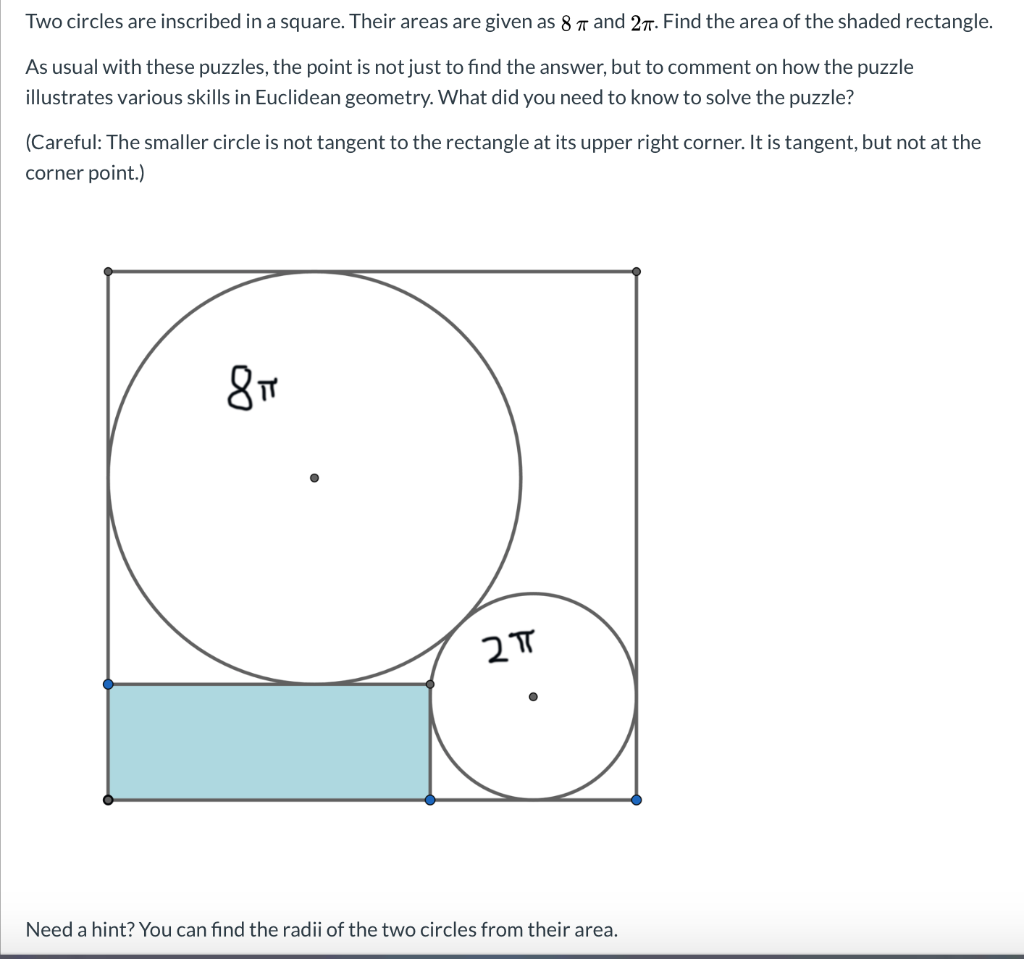 Solved Two circles are inscribed in a square. Their areas | Chegg.com