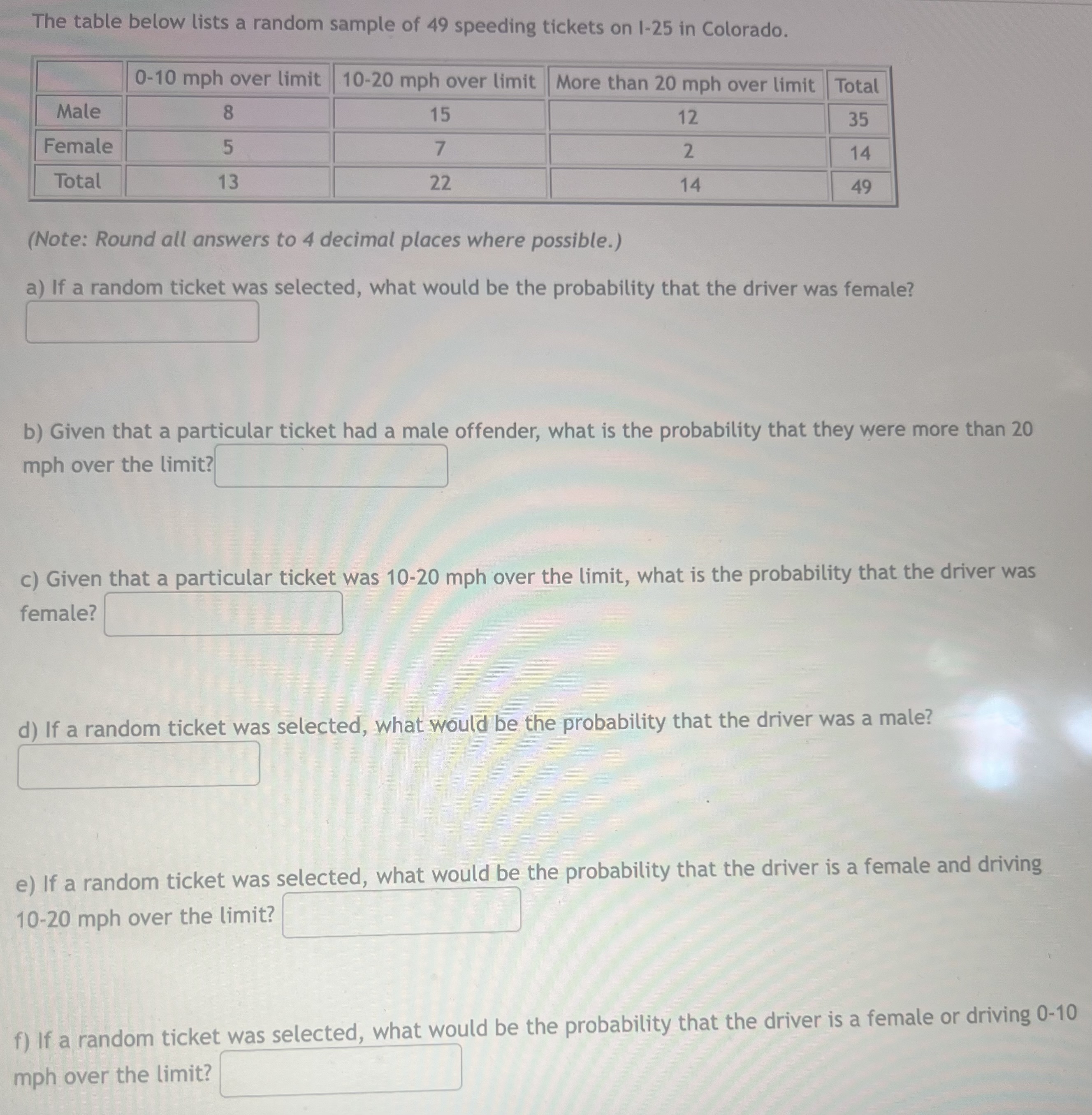 Solved The table below lists a random sample of 49 ﻿speeding | Chegg.com