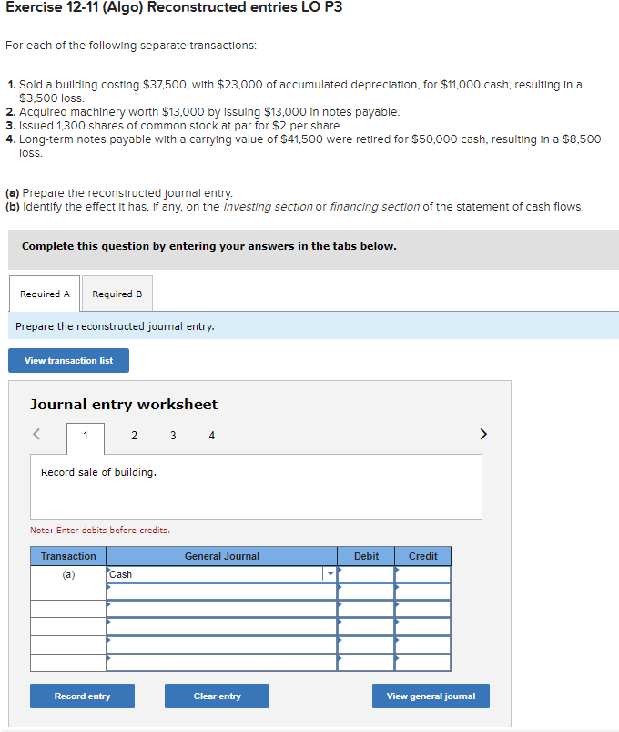 Solved Exercise 12-11 (Algo) Reconstructed entries LO P3 For | Chegg.com