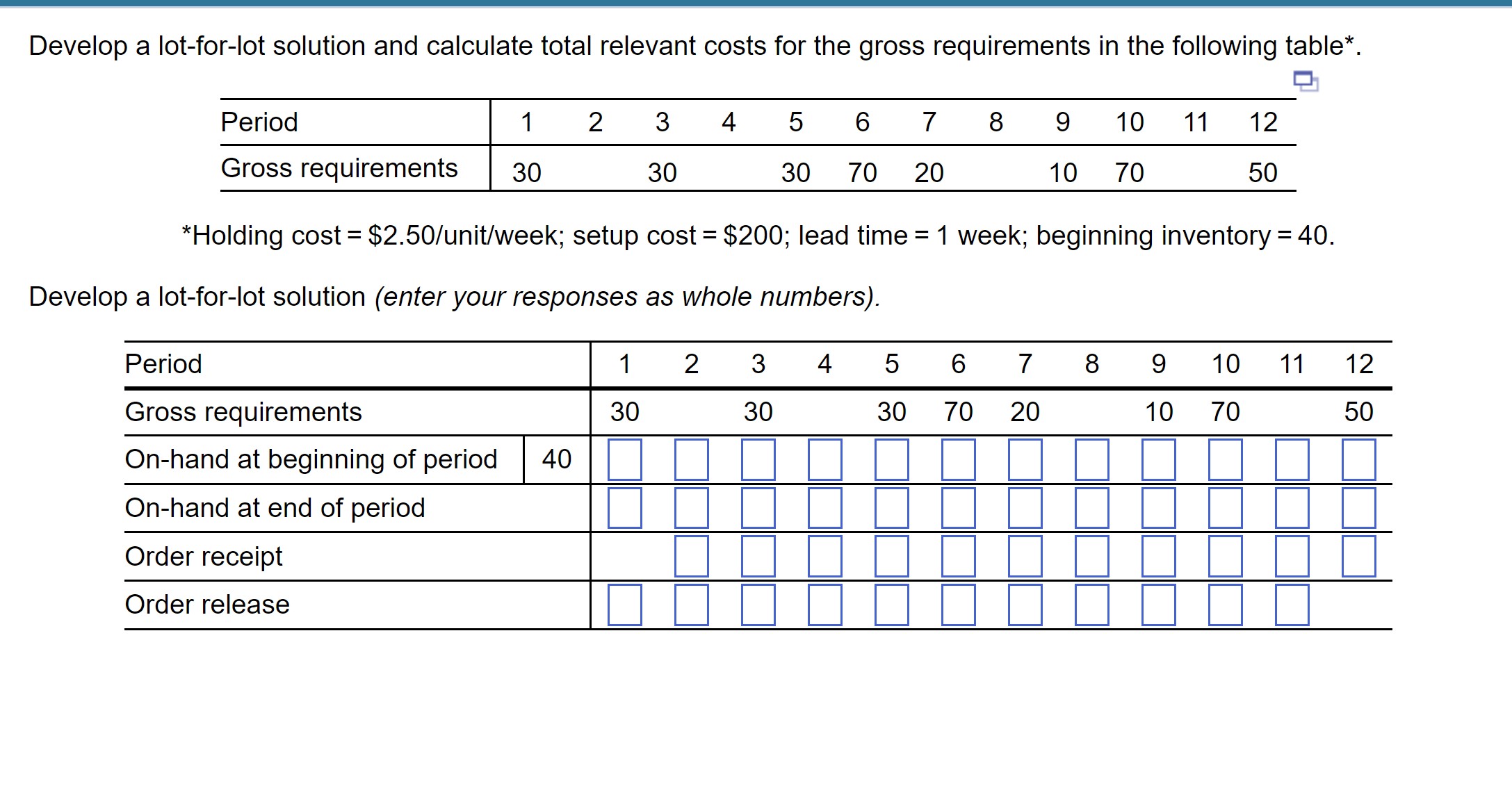 Solved Develop a lot-for-lot solution and calculate total | Chegg.com