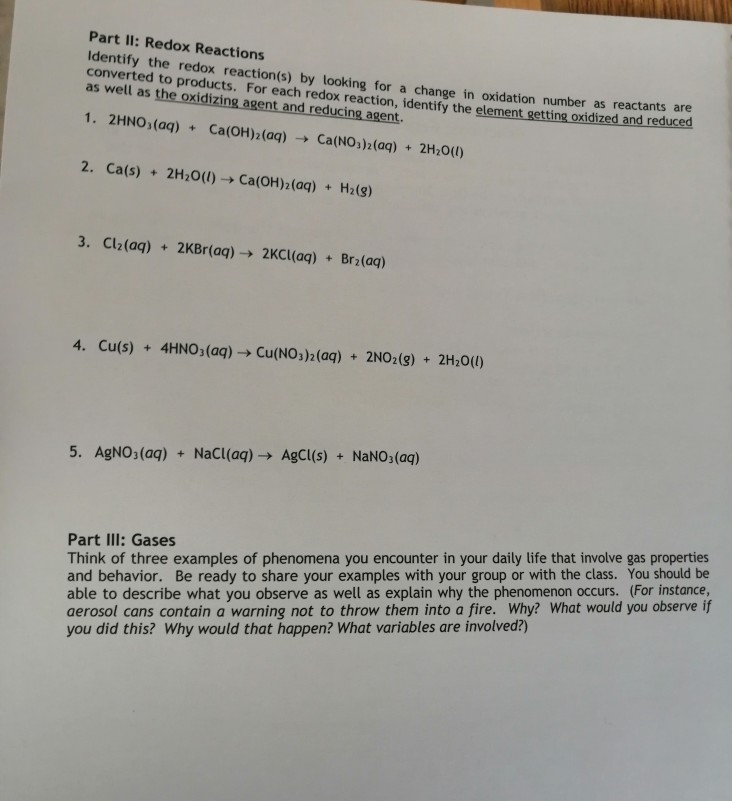Solved Part II: Redox Reactions Identify the redox | Chegg.com