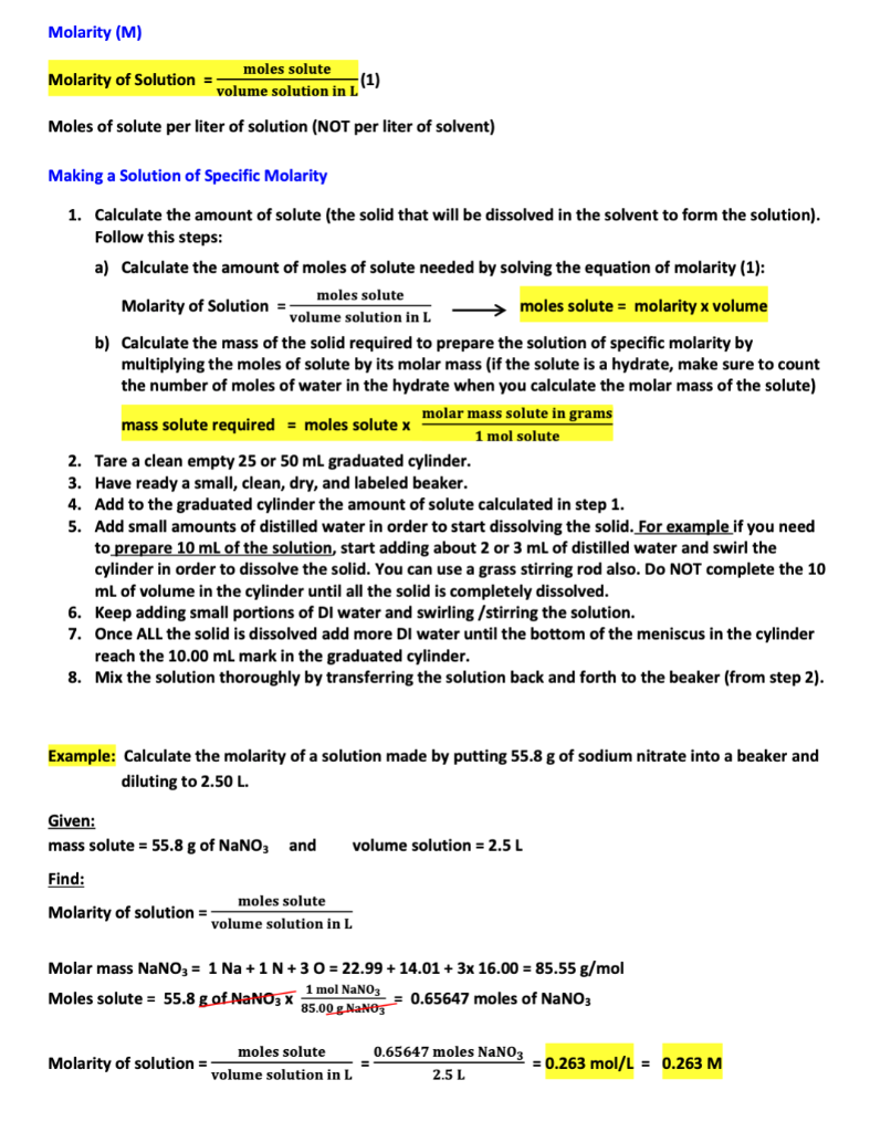 Solved Molarity (M) moles solute Molarity of Solution = -(1) | Chegg.com