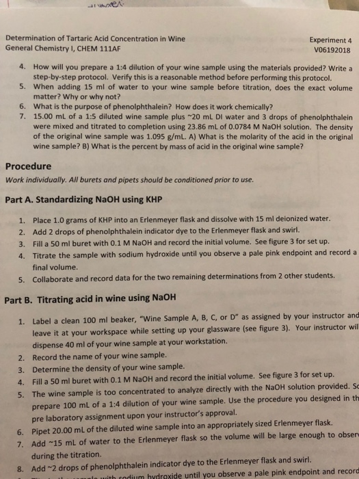 Solved Determination Of Tartaric Acid Concentration In Wine