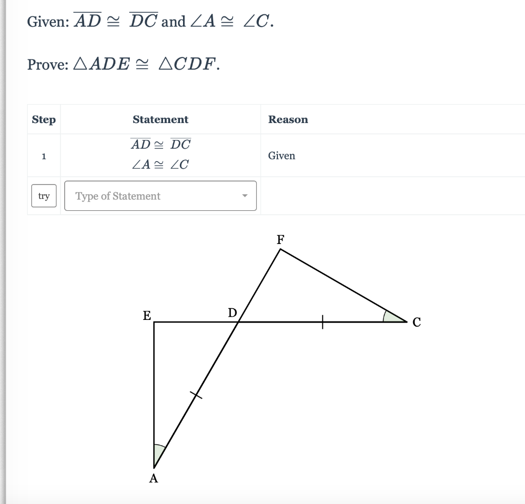 Solved Given: AD - DC and ZA ~ ZC. Prove: AADE - ACDF. Step | Chegg.com