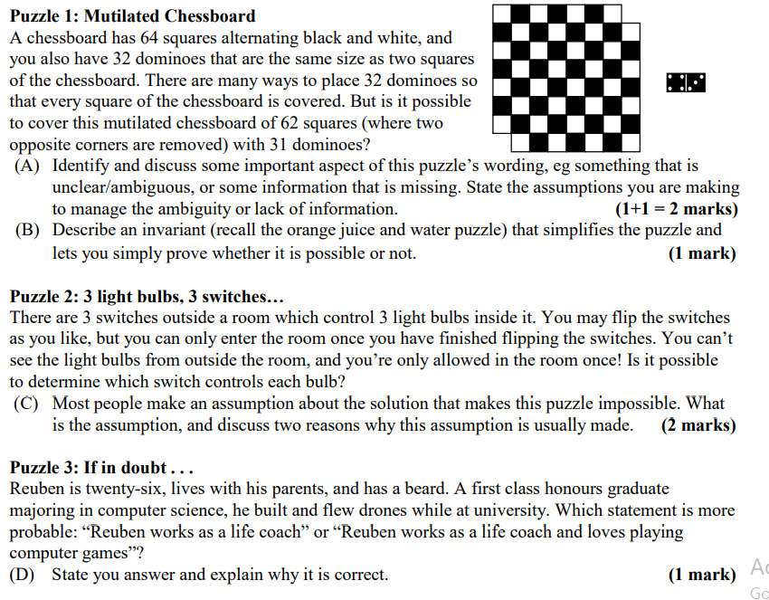 Solved Puzzle 1: Mutilated Chessboard A chessboard has 64 | Chegg.com